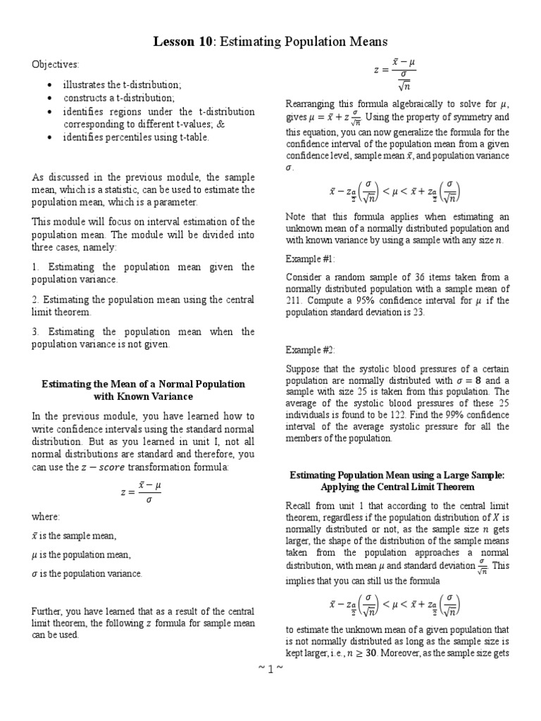 Lesson 10 Estimating Population Means | PDF | Normal Distribution ...