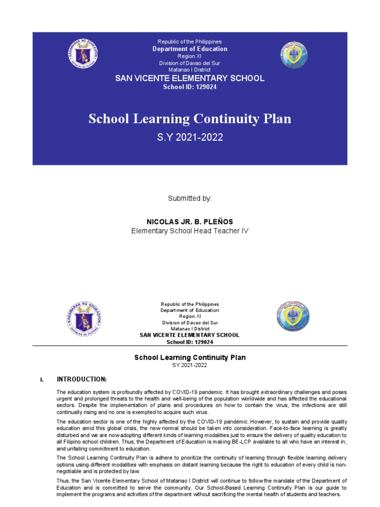 San Vicente Elem. School Continuity Plan | PDF | Distance Education | Learning