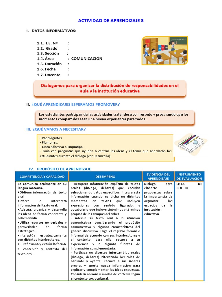 E1 S1 A3 SESION COM. Dialogamos para Organizar La Distribución de Responsabilidades en El Aula y ...