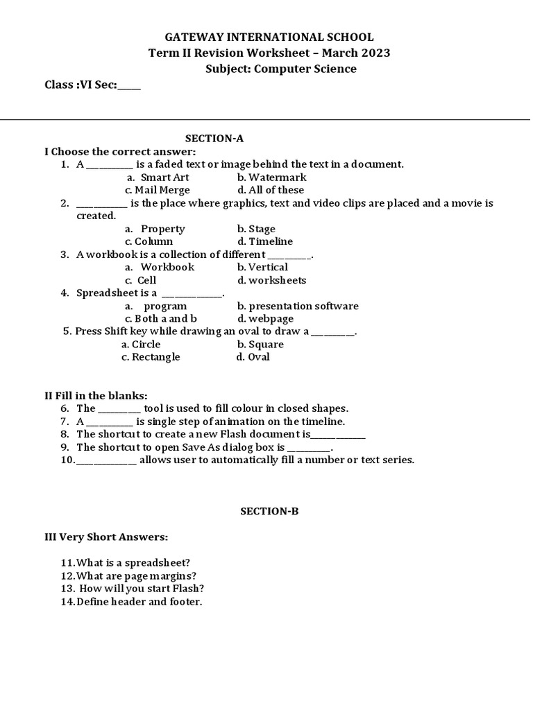 Computer Science Revision Worksheet VI | PDF | Spreadsheet | Microsoft ...