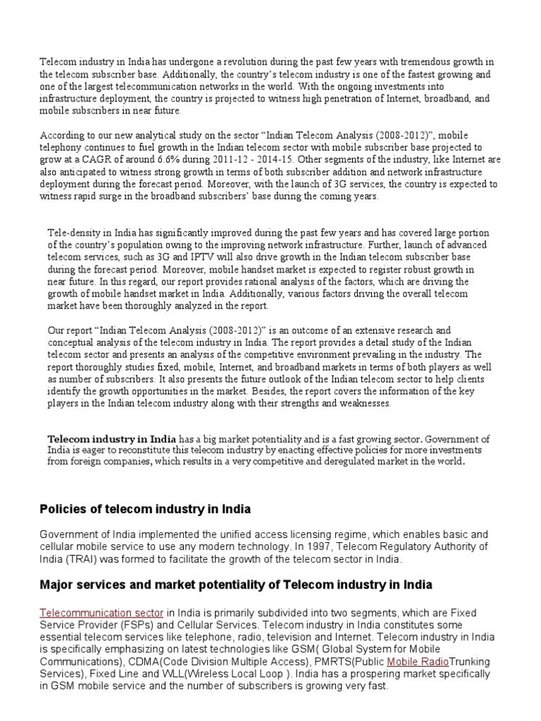 Indian Telecom Industry Analysis 2008-2012 | PDF | Telecommunication ...