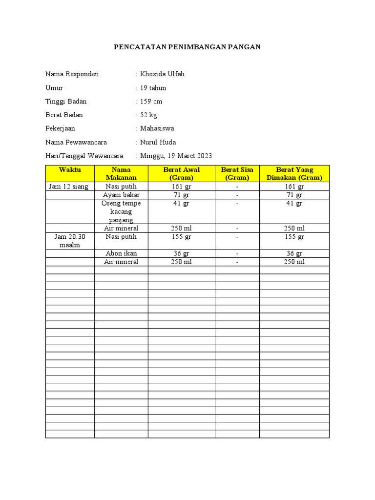 Pencatatan Penimbangan Pangan - Survei Konsumsi | PDF