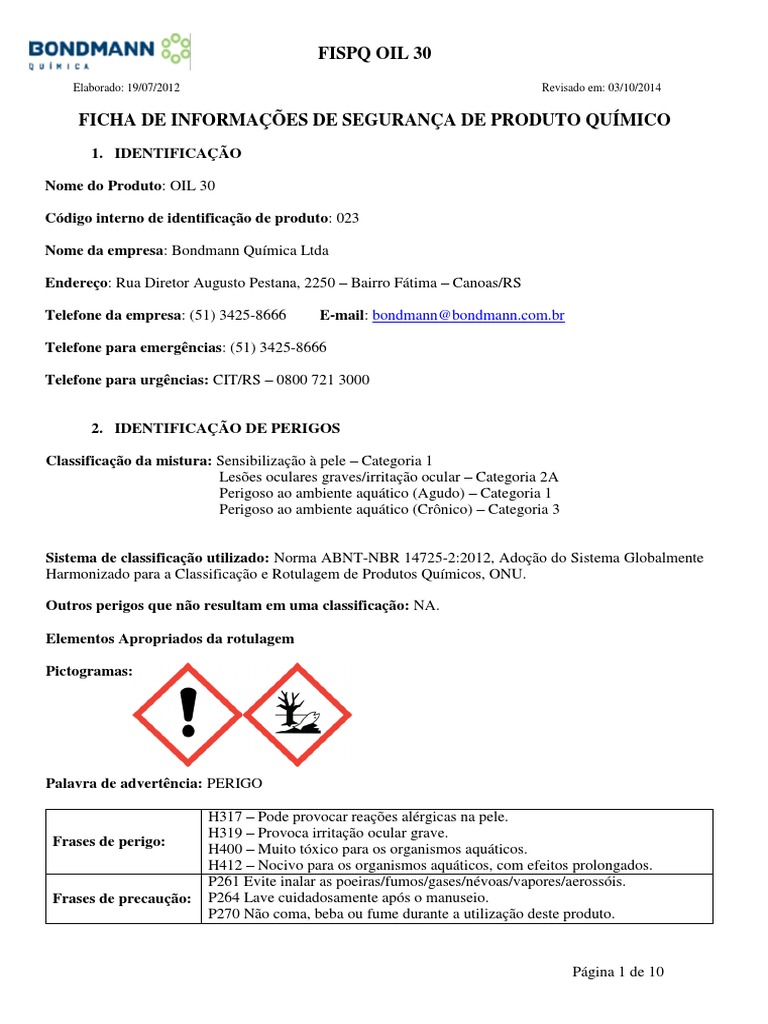 FISPQ - Oil 30 | PDF | Embalagem e rotulagem | Reações químicas