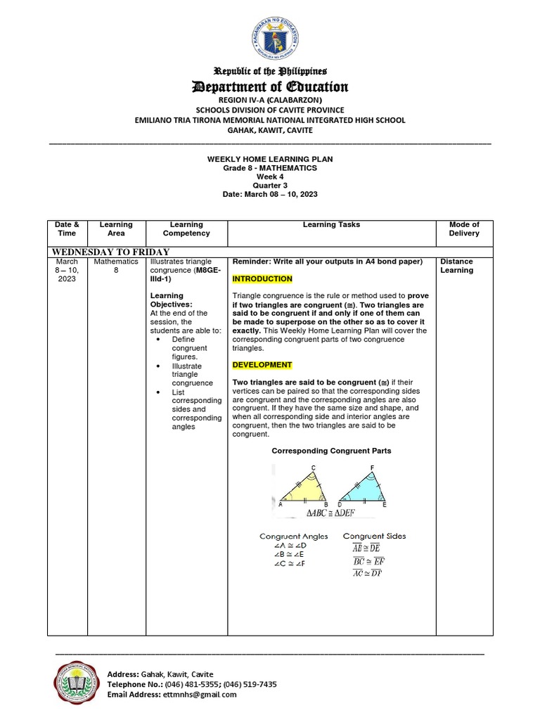Learning Plan G8 Math March 8 10 2023 | PDF | Triangle | Classical Geometry