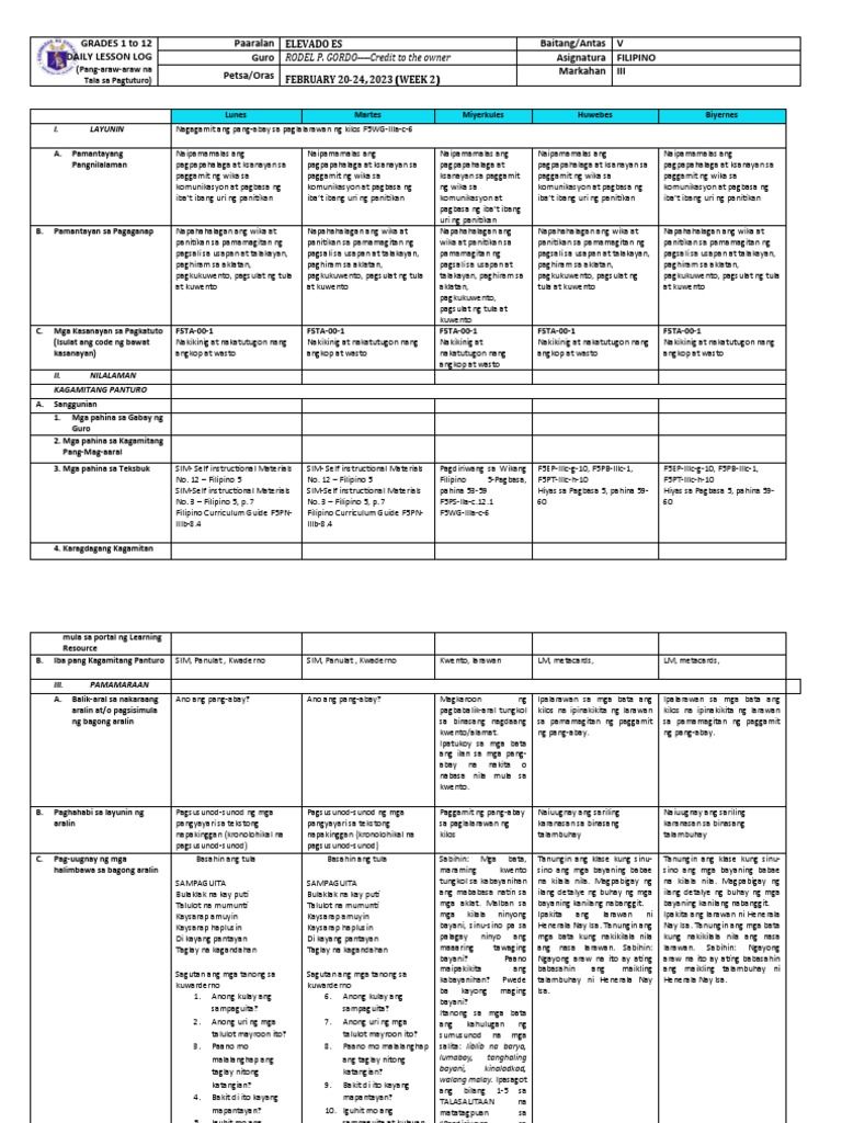 Grade 5 DLL FILIPINO 5 Q3 Week 2 | PDF
