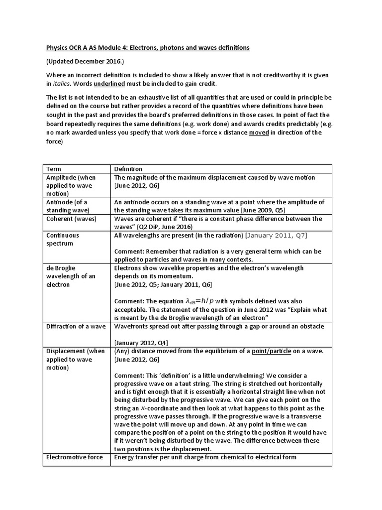 Module 4 Electrons Photons Waves Defitions | PDF | Waves | Wavelength