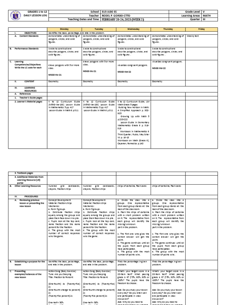 Grade 5 DLL MATH 5 Q3 Week 2 | PDF