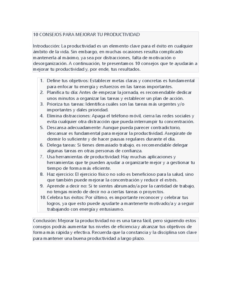 10 Consejos para Mejorar Tu Productividad | PDF