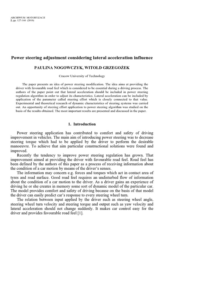 Power Steering Adjustment via Lateral Acceleration | PDF | Rotation ...
