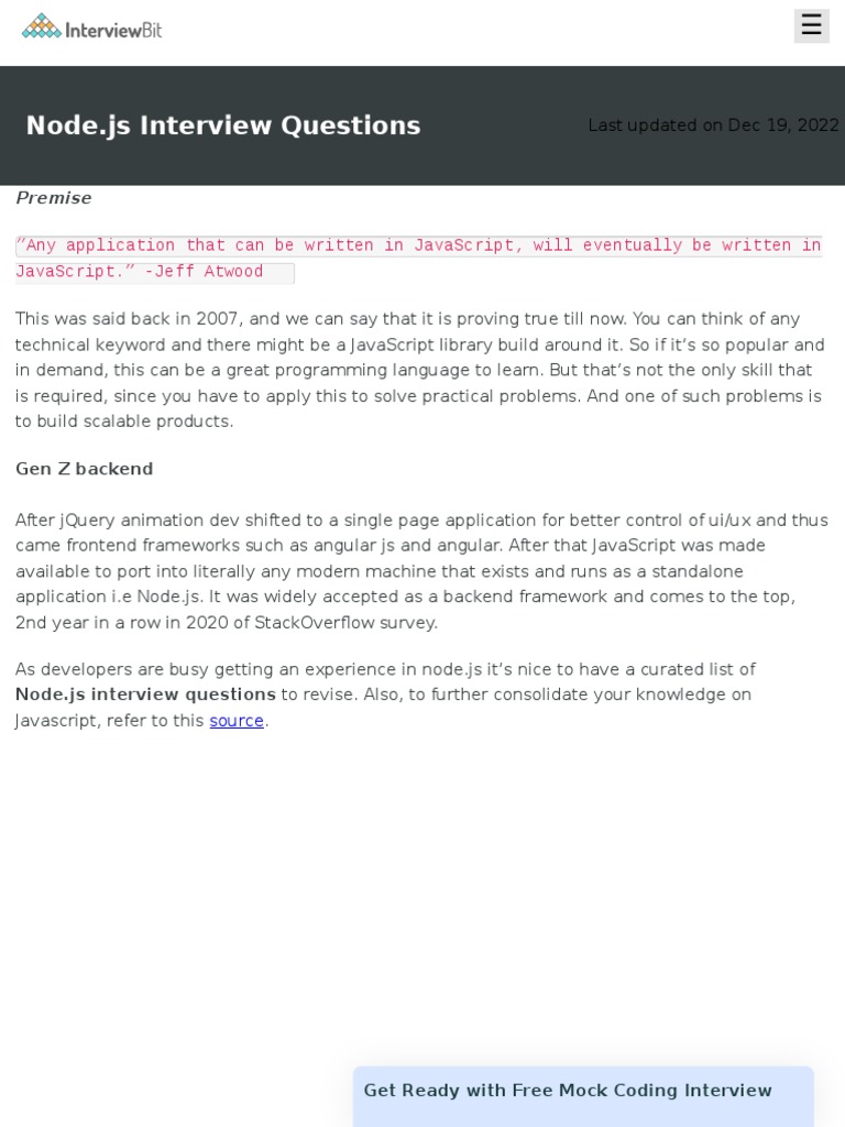 Node - Js Interview Questions: Premise | PDF | Thread (Computing) | Computing