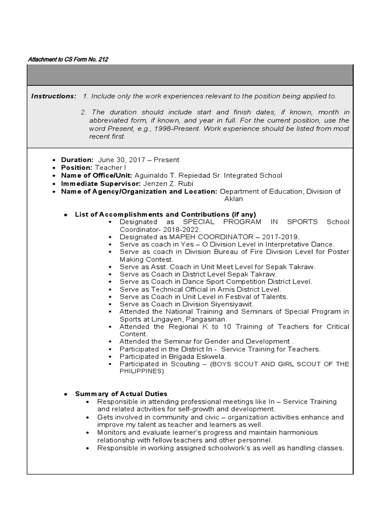 Work Experience Sheet CS Form Updated | PDF | Teachers | Schools