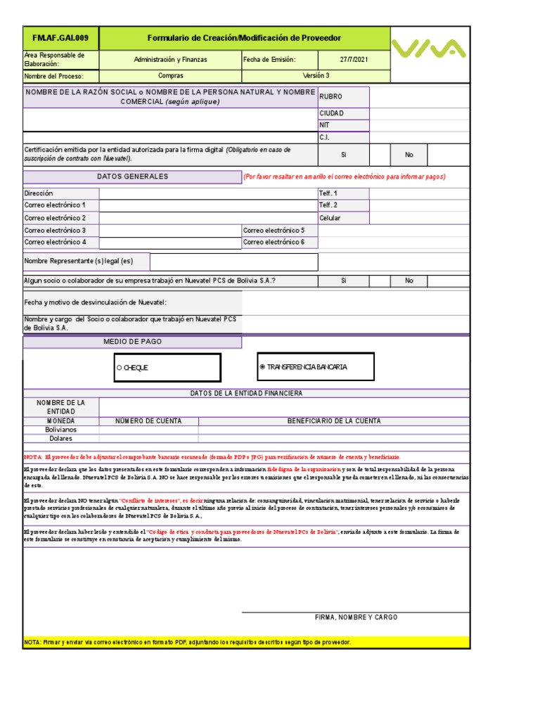 FM - AF.GAI.009 Formulario de Creación/Modificación de Proveedor | PDF | Bolivia | Bancos