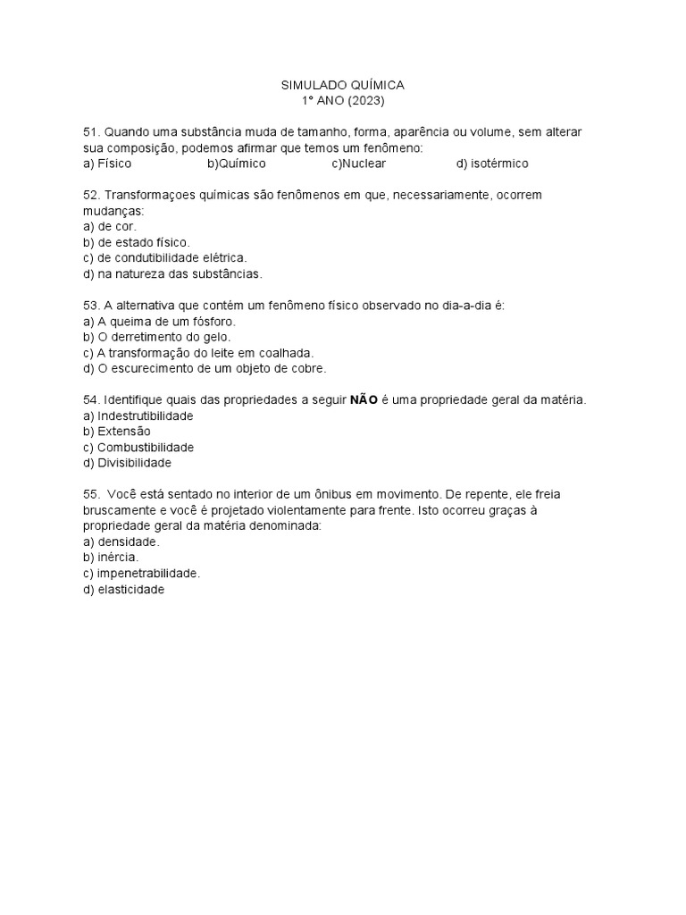 Simulado Química 1 Ano Pdf