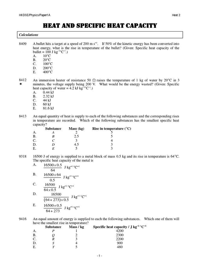 HKDSE Physics Paper 1A Heat Capacity Calculations | PDF