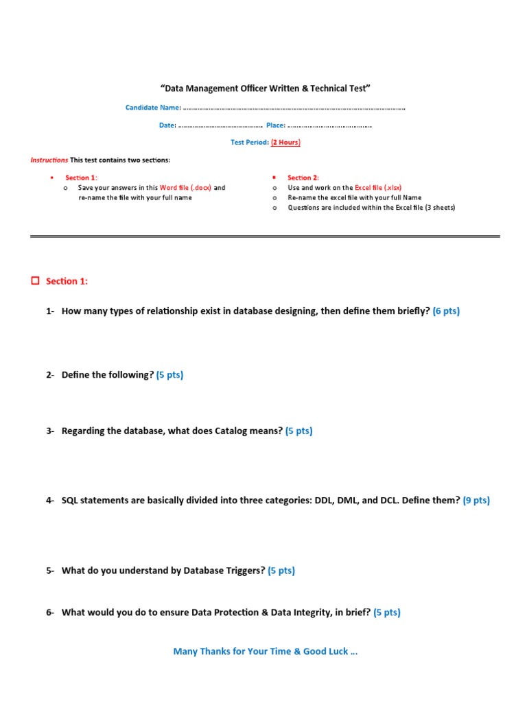 Data Management Officer Written & Technical Test | PDF