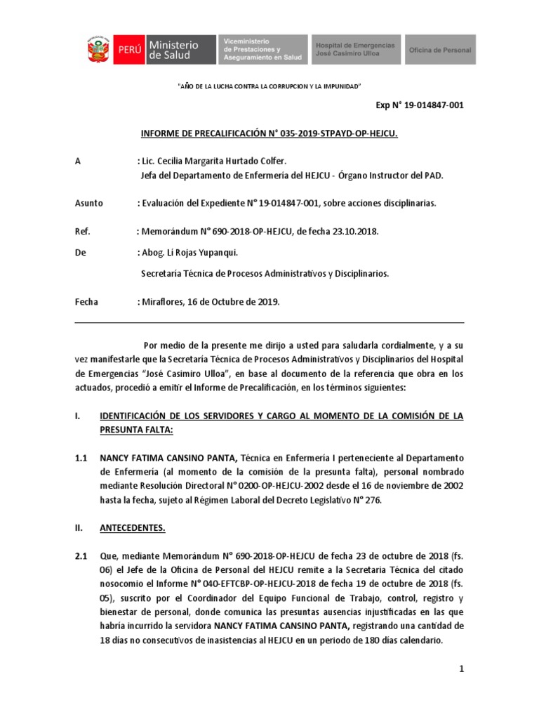 Informe de Precalificacion para - Faltas Injustificadas | PDF | Regulación | Tiempo de trabajo