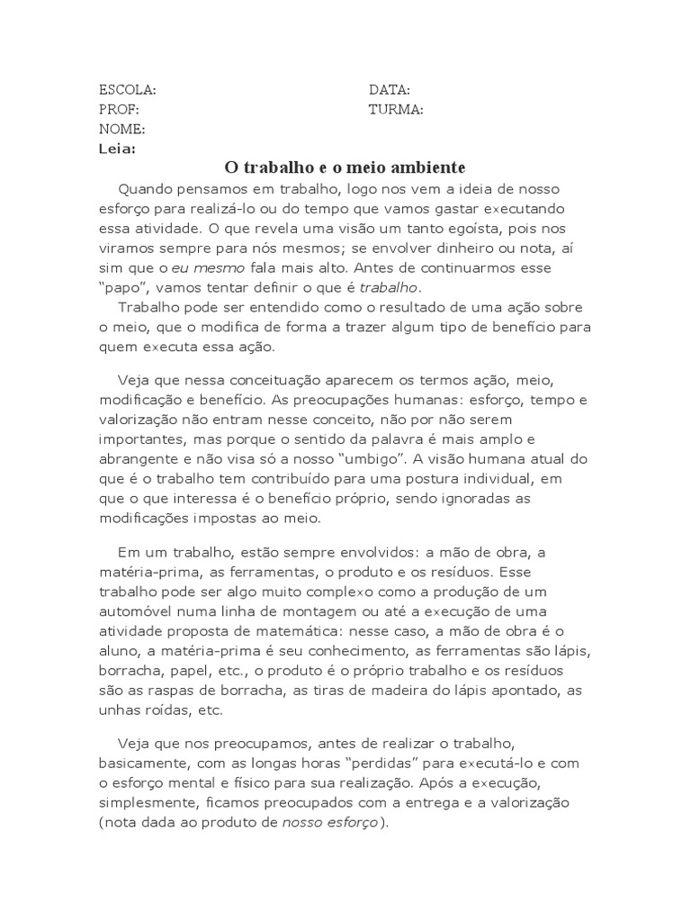 Trabalho e Meio Ambiente - Sandra | PDF | Desperdício | Tempo