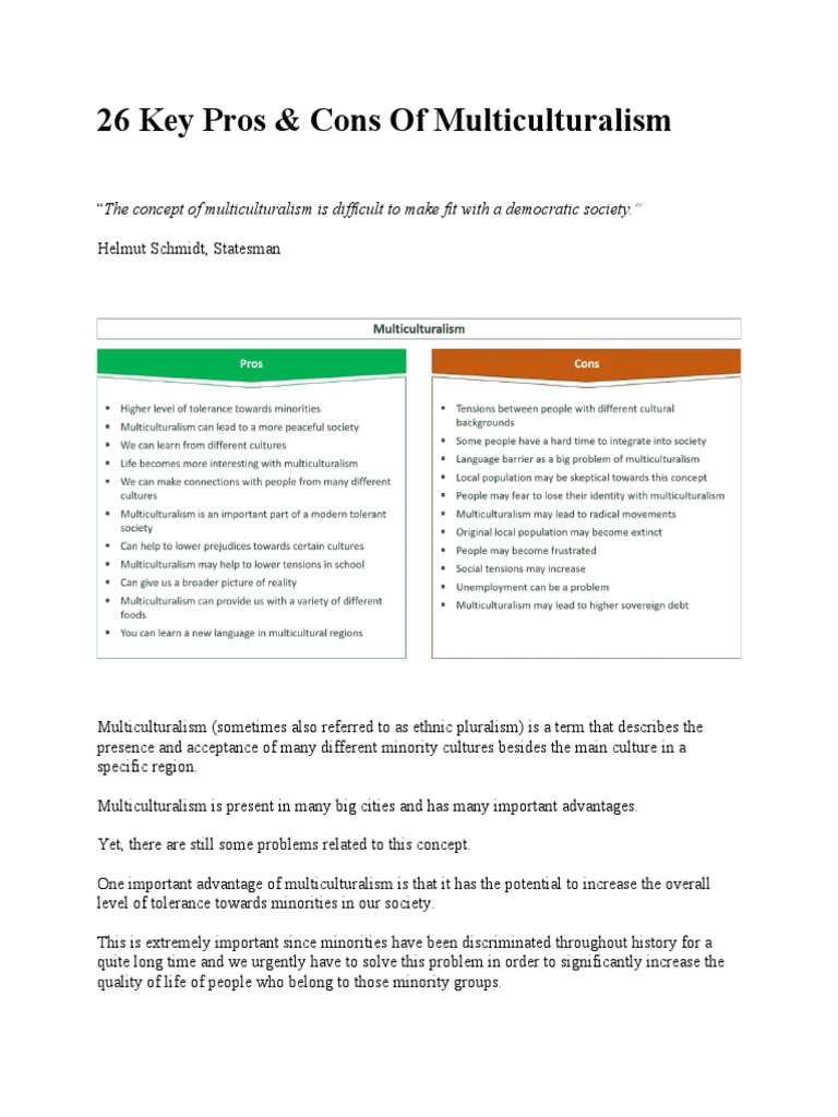 Pros & Cons Of Multiculturalism | PDF | Multiculturalism | Minority Group