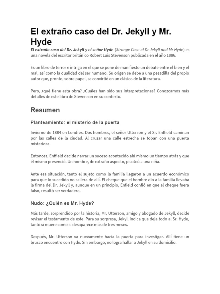 Resumen Libro El Extraño Caso Del Doctor Jekyll | PDF | Extraño caso del Dr. Jekyll y el Sr ...