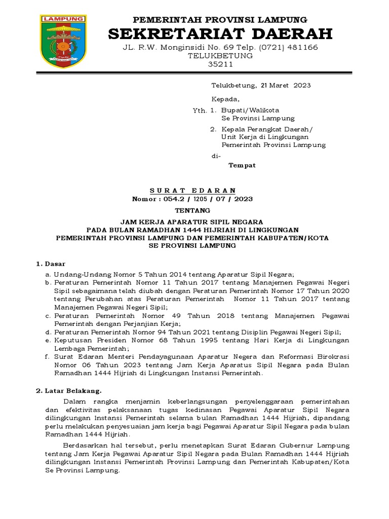 SE Sekda Tentang Jam Kerja Bulan Ramadhan Tahun 2023 | PDF