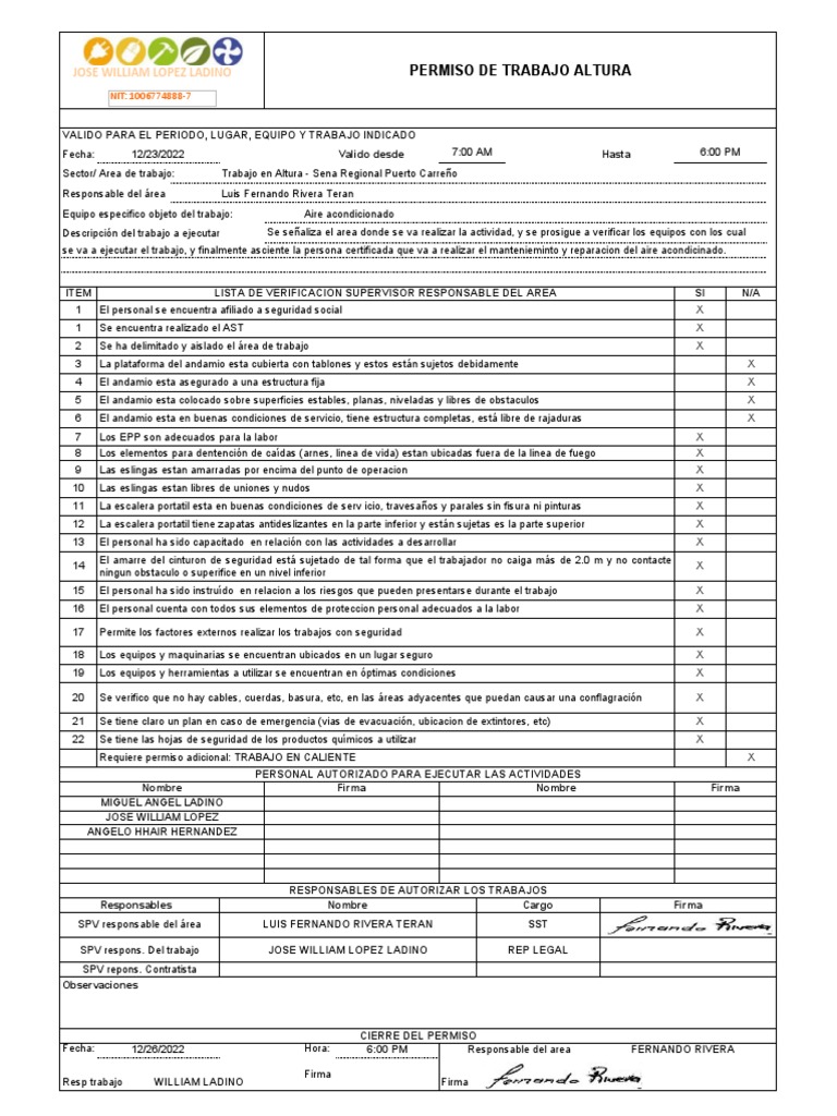 Formato de Permiso Trabajo en Altura | PDF