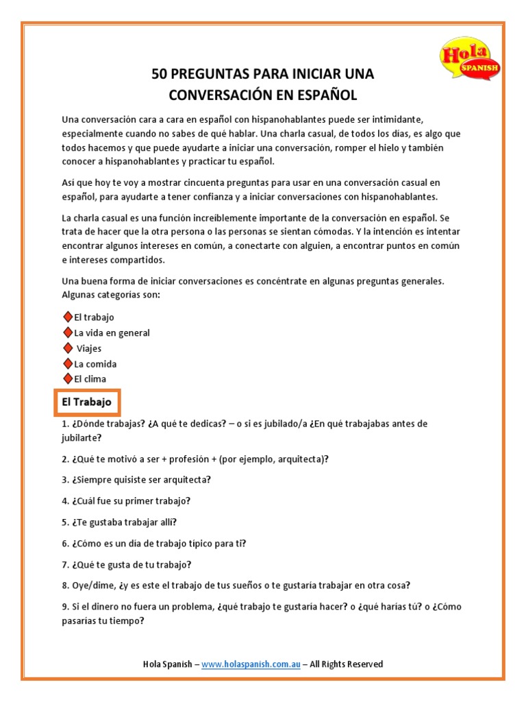 50 Preguntas para Empezar Una Conversación - Small Talk in Spanish | PDF