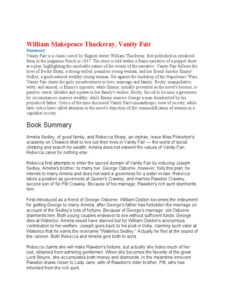 Summary of Vanity Fair by Thackeray | PDF | Vanity Fair (Novel)