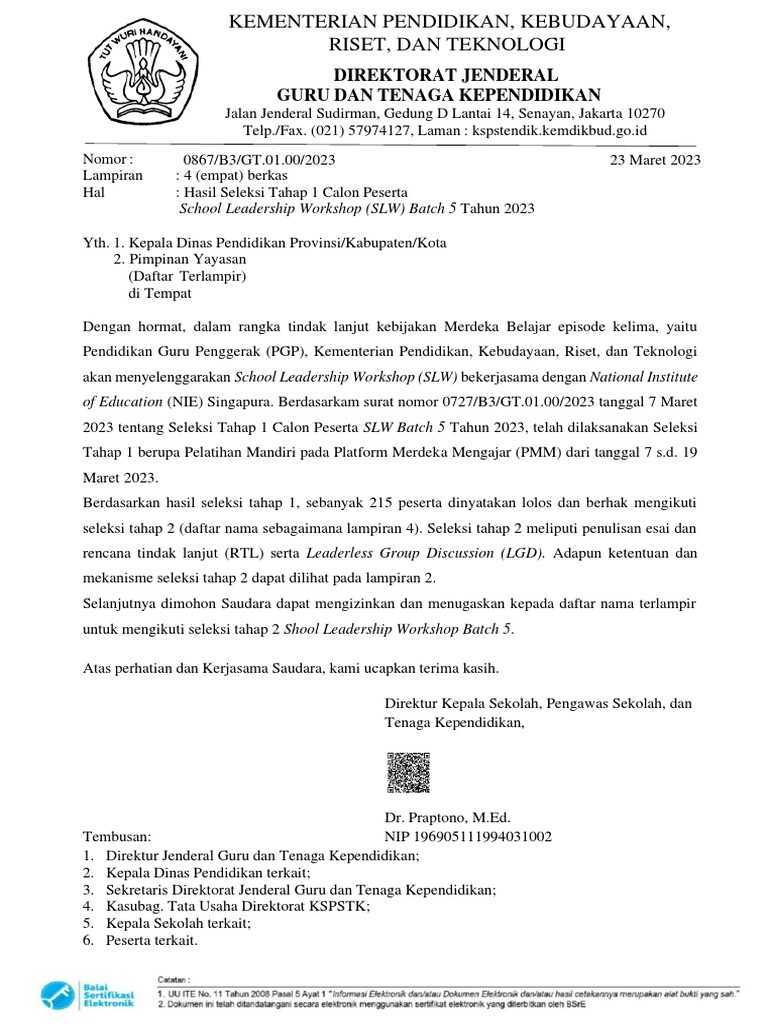 Surat Hasil Seleksi Tahap 1 SLW 5 | PDF