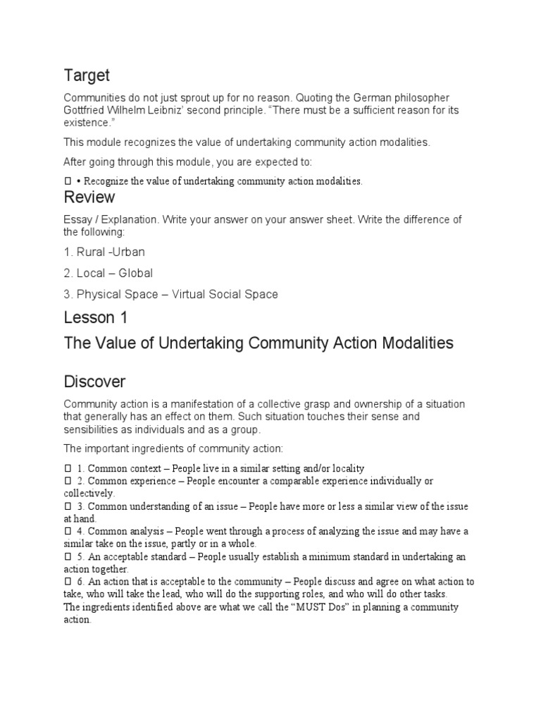Module 5 Recognize The Value Of Undertaking Community Action Modalities