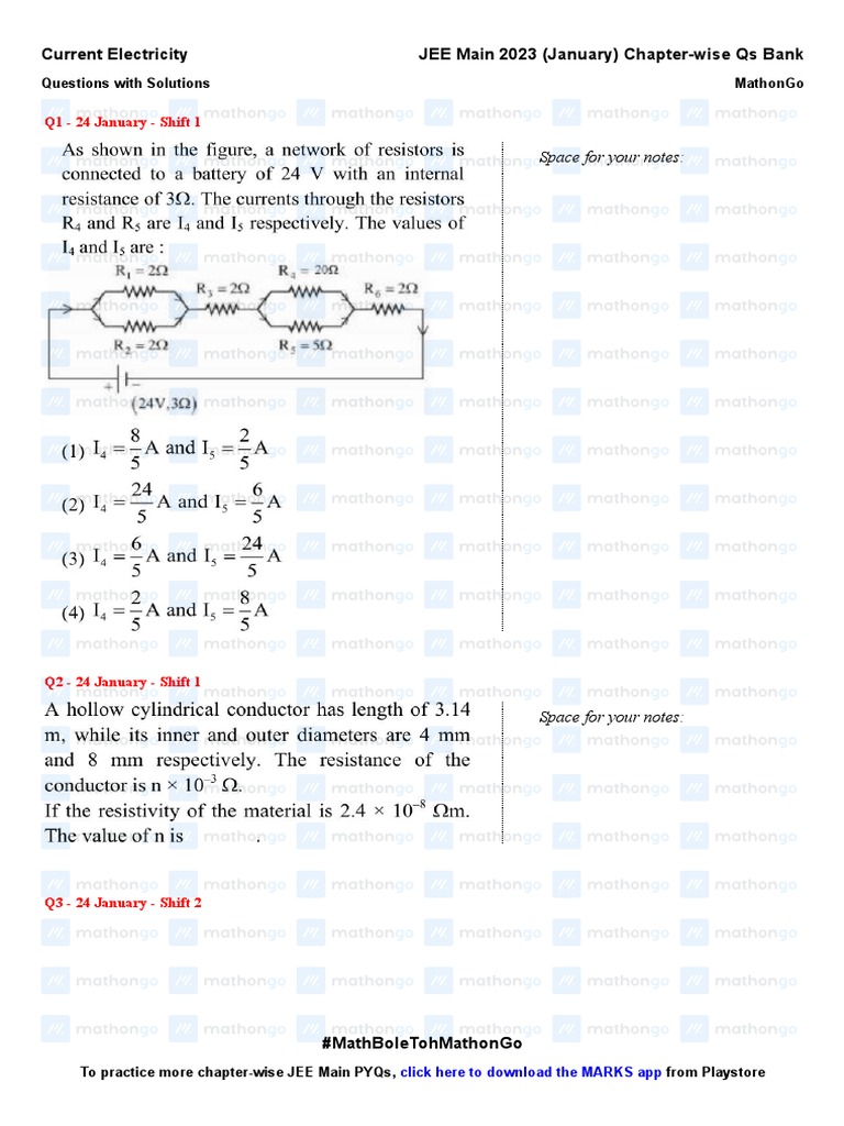 Current Electricity Jee Main 2023 January Chapter Wise Questions By 3112