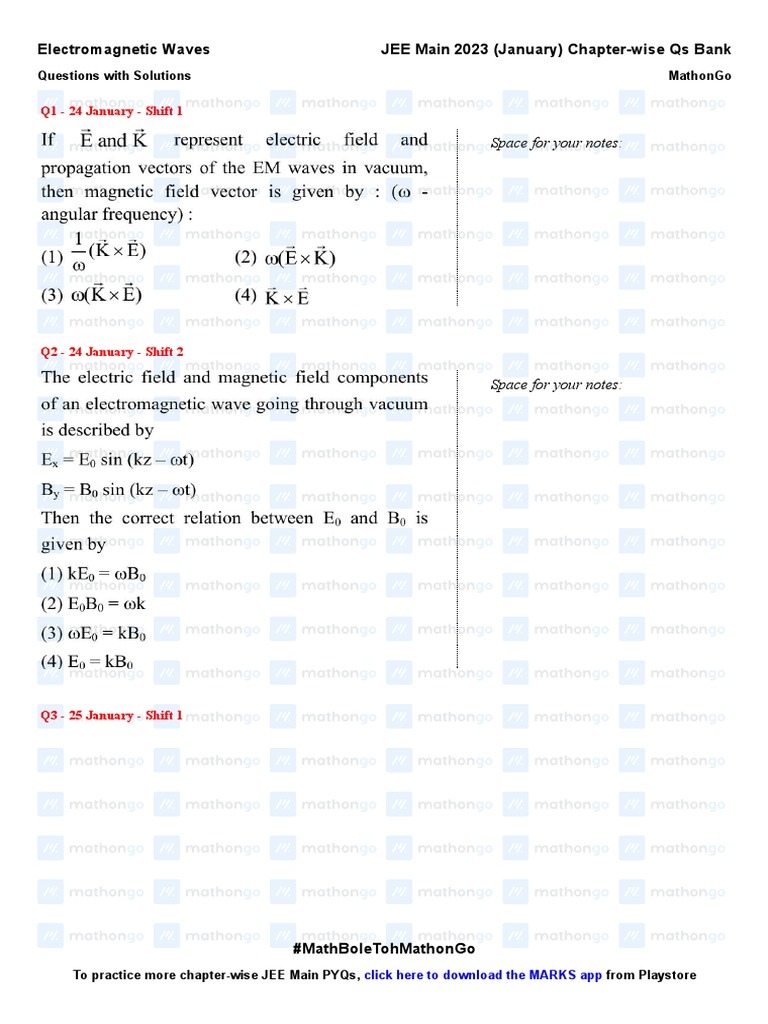 Electromagnetic Waves - JEE Main 2023 January Chapter Wise Questions by ...