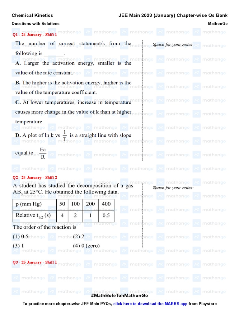 Chemical Kinetics - JEE Main 2023 January Chapter Wise Questions by MathonGo | PDF