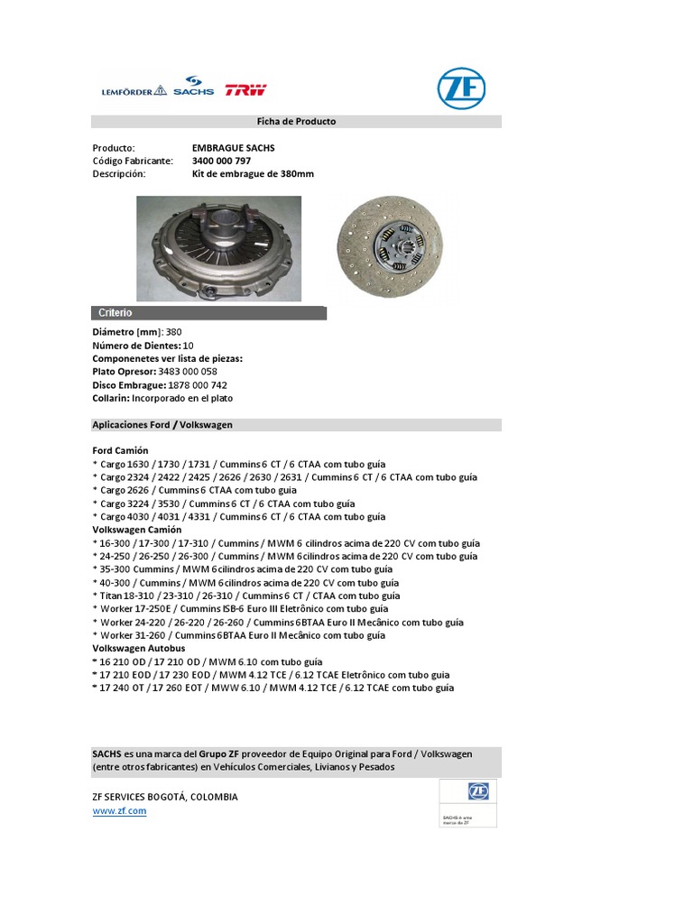 Ficha Técnica Kit Embrague 3400 000 797 | PDF