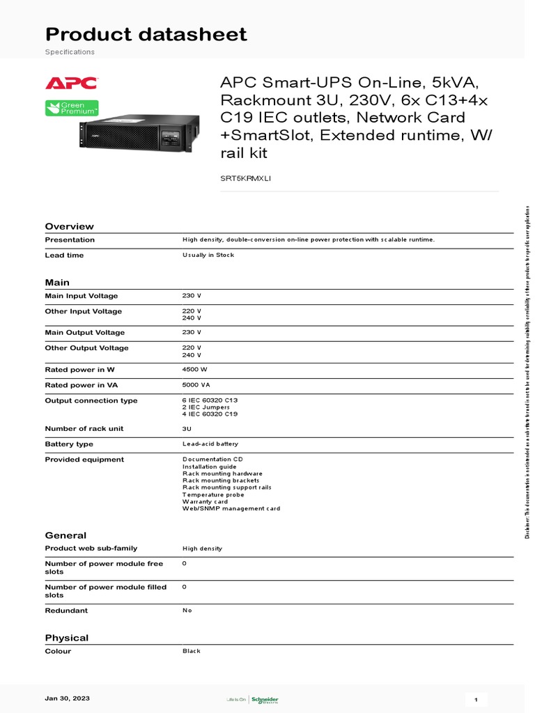 Smart-UPS On-Line - SRT5KRMXLI | PDF | Mains Electricity | Electricity