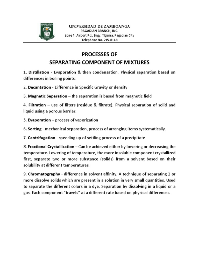 Processes Of Separating Component Of Mixtures Pdf