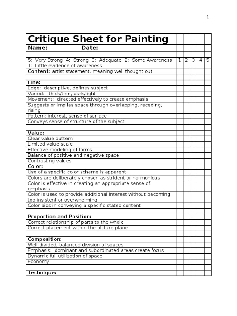 Critique Sheet For Painting | PDF