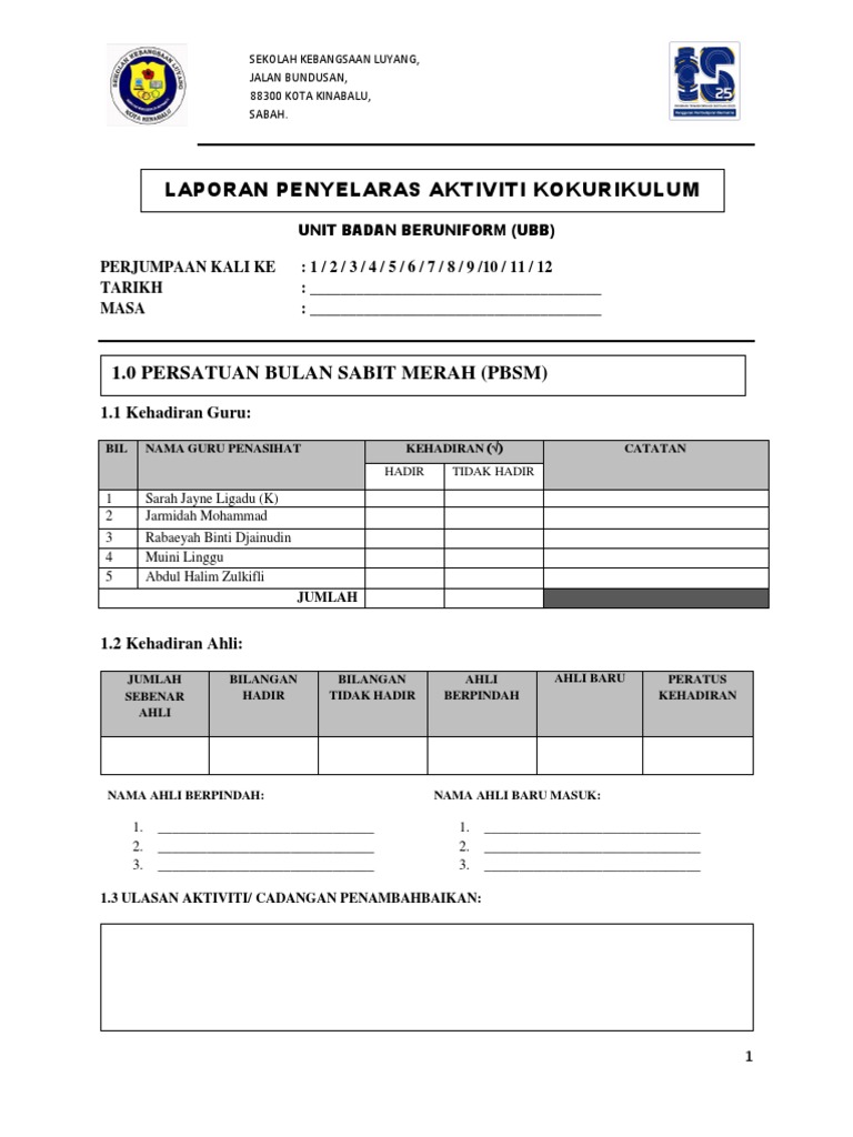 Laporan Penyelaras Aktiviti Kokurikulum: 1.1 Kehadiran Guru | PDF