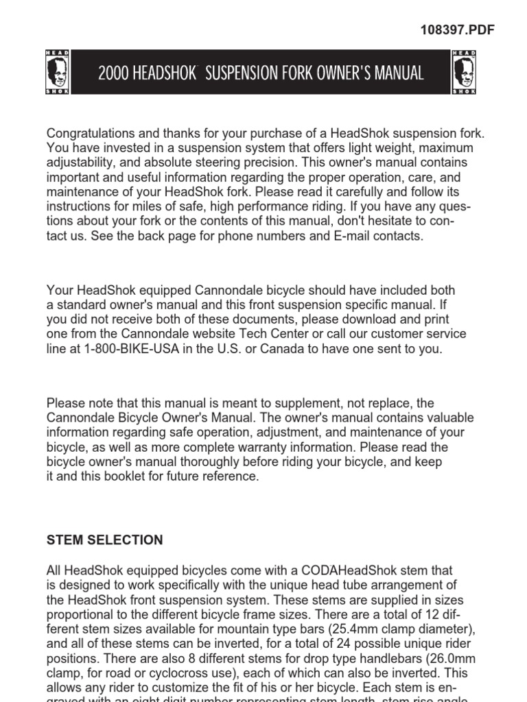 2000 Headshok Lefty Owners Manual Supplement en | PDF | Suspension ...