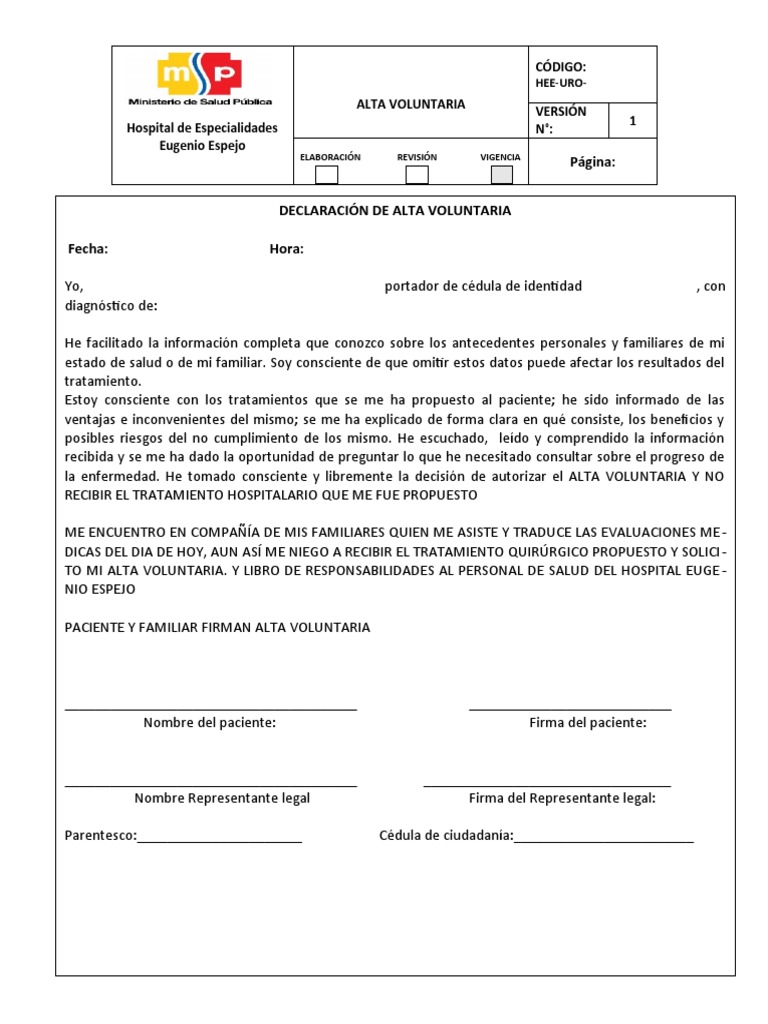 Formato de Alta Voluntaria Hospitalaria | PDF | Hospital | Medicina