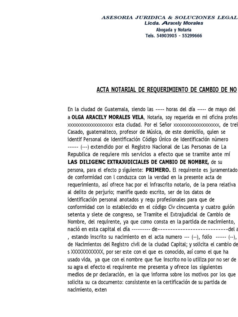 Acta Notarial De Requerimiento De Cambio De No Las Diligenc