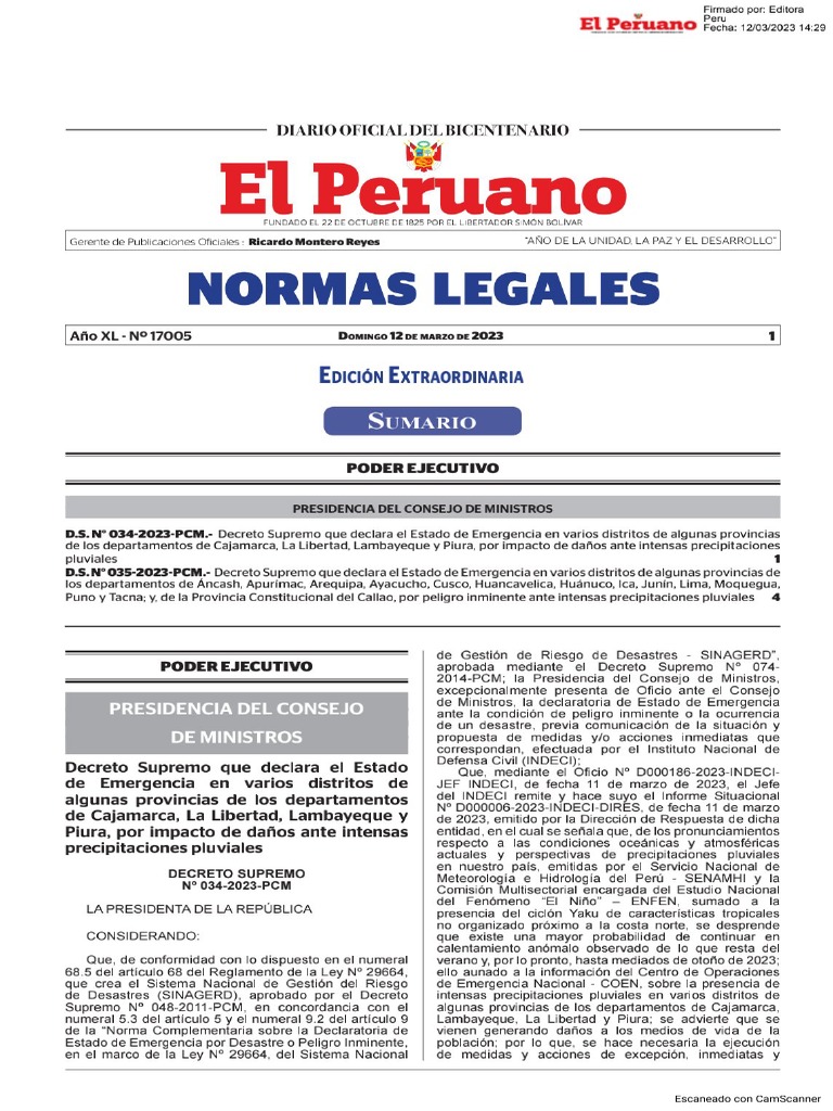 Decreto Supremo Que Declara El Estado de Emergencia en Vario Decreto Supremo N 034 2023 PCM ...