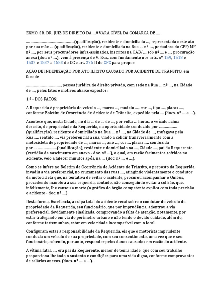 Acao de Indenizacao Por Ato Ilicito Causado Por Acidente de Transito ... Acao de Indenizacao Por Ato Ilicito Causado Por Acidente de Transito ...