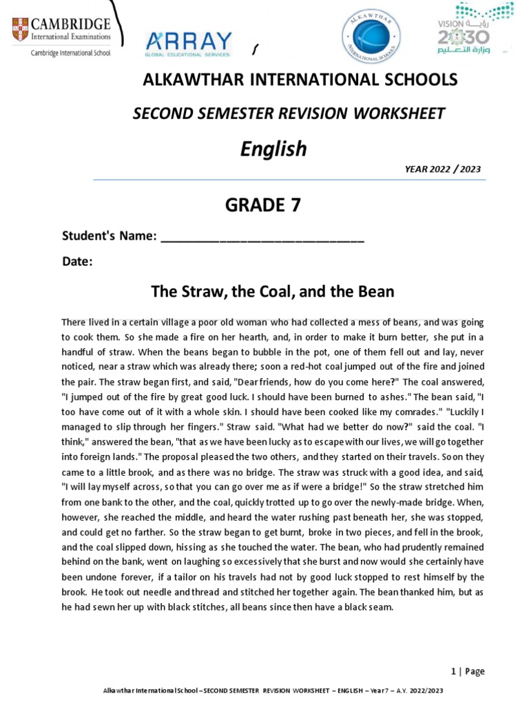 Revision Worksheet for Grade 7 English | PDF | Linguistics | Grammar