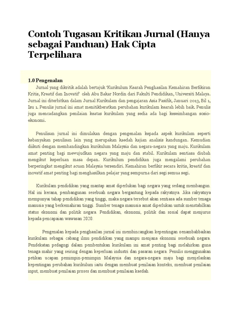 Contoh Tugasan Kritikan Jurnal | PDF