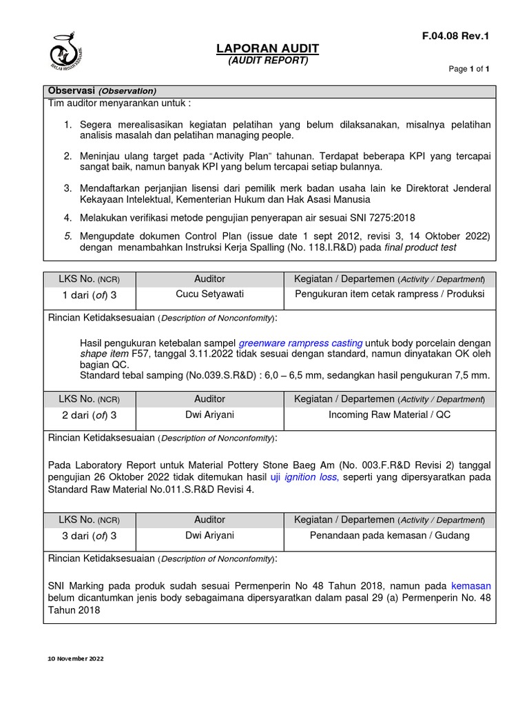 Laporan Audit SNI - PT. Haengnam 2022 | PDF