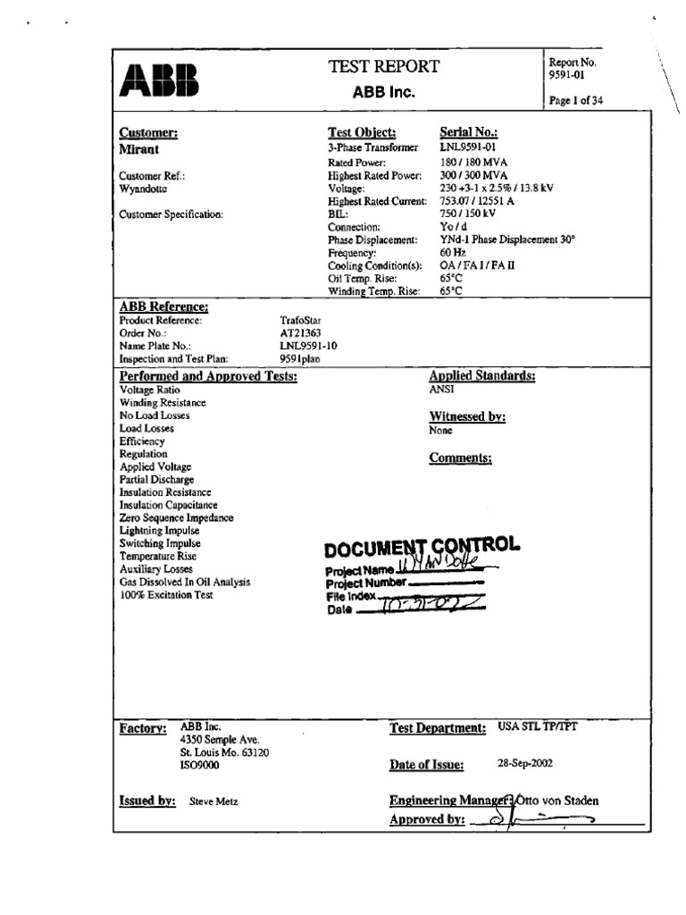 180-300MVA ABB Factory Test Reports | PDF