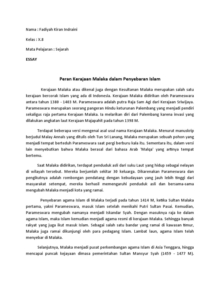 Essay Sejarah (Kerajaan Malaka) | PDF