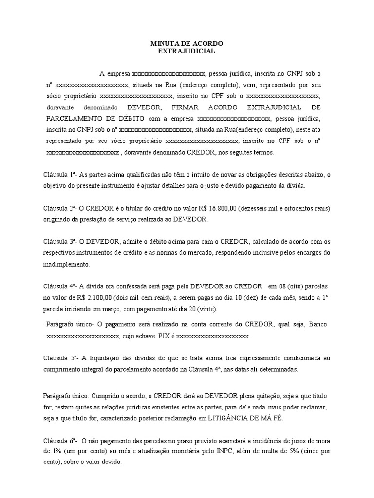 Minuta de acordo extrajudicial pagamento de dívida | PDF | Crédito ... Minuta de acordo extrajudicial pagamento de dívida | PDF | Crédito ...
