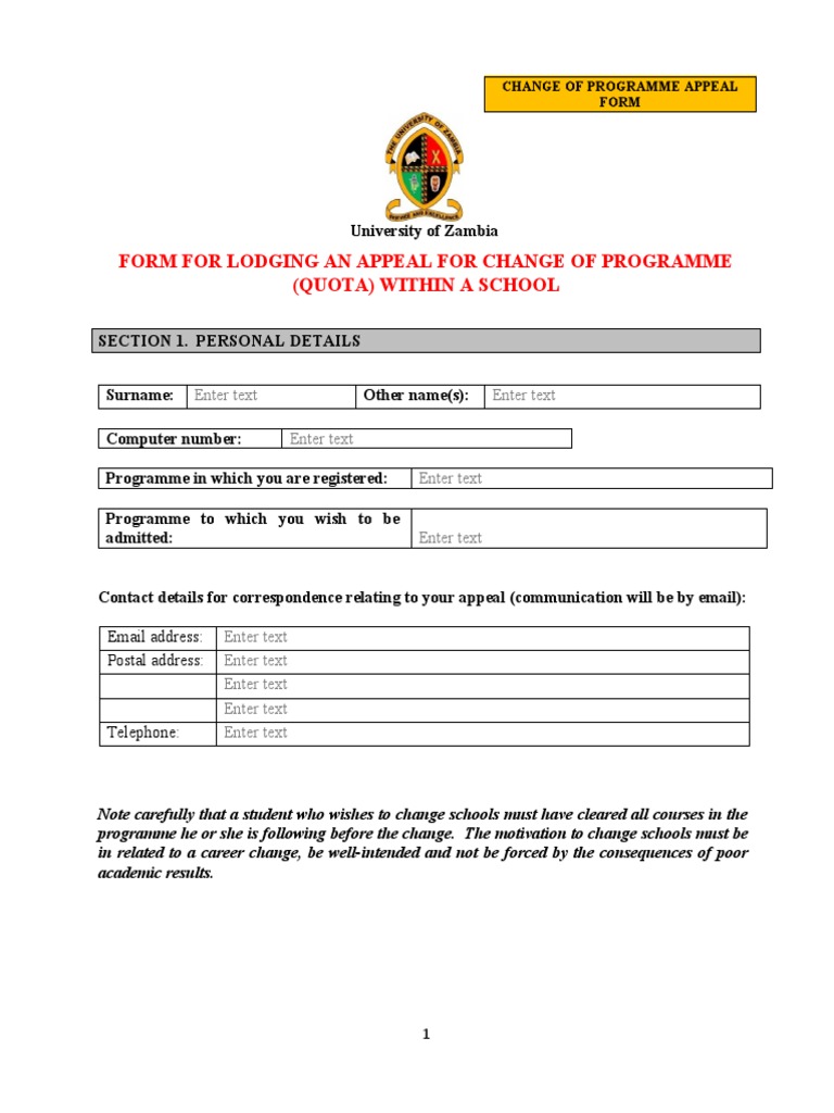 UNZA Change of Programme Appeal Form | PDF