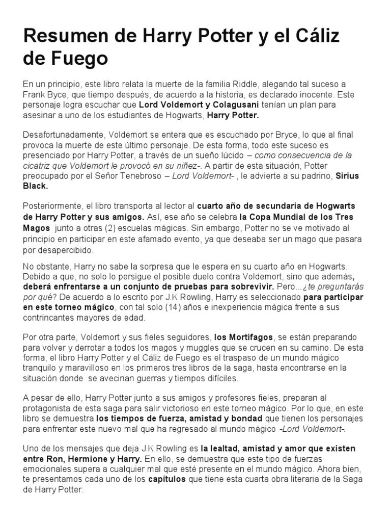 Resumen de Harry Potter y El Cáliz de Fuego | PDF